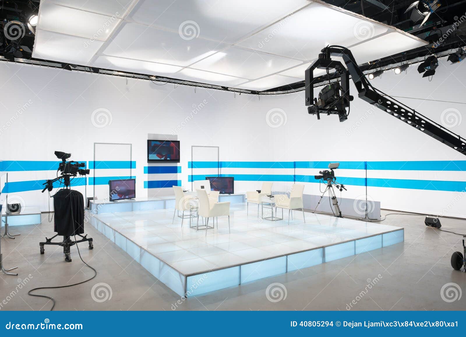 Television Studio with Jib Camera and Lights Stock Photo - Image of ...