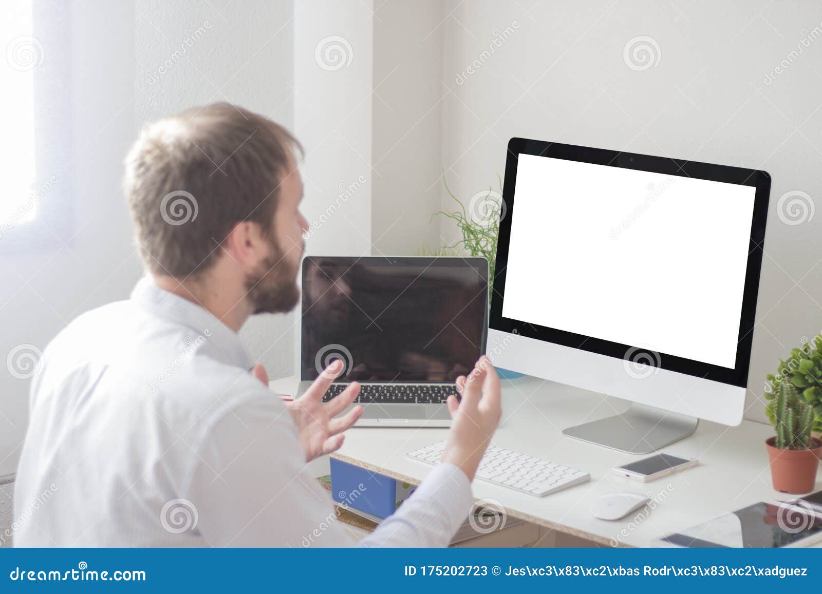Telework because Coronavirus Concept. Man Speaking in Front of Computer ...