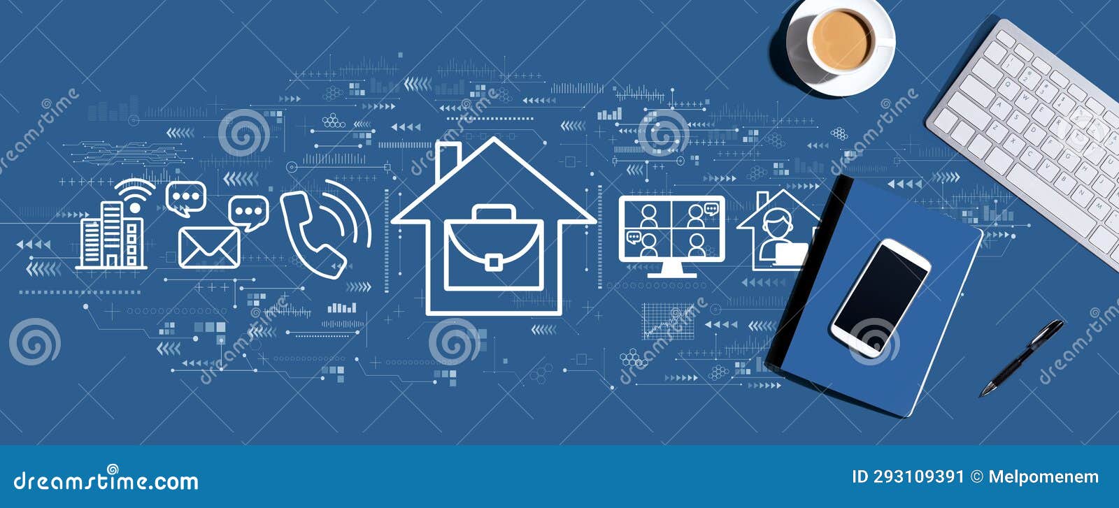 Telework Theme with Computer Keyboard and Office Items Stock Image ...