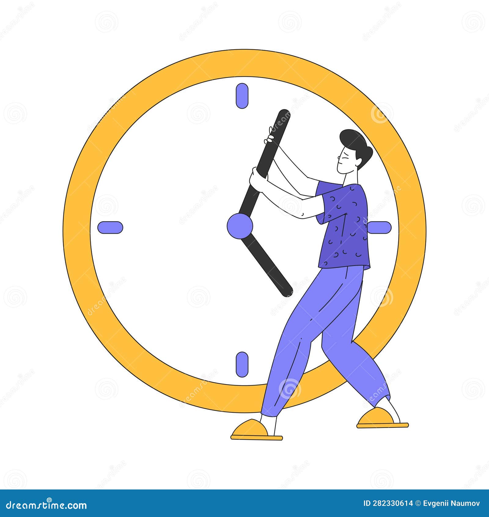 Teleworking with Young Man Pulling Arrow on Huge Clock Dial Working ...