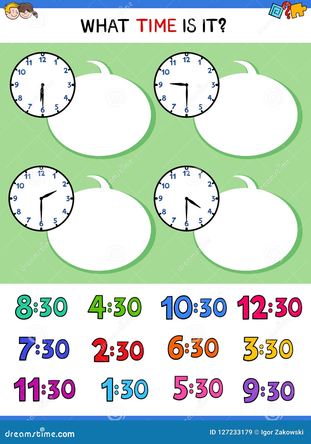 Telling Time With Clock Face Educational Activity Cartoon Vector ...