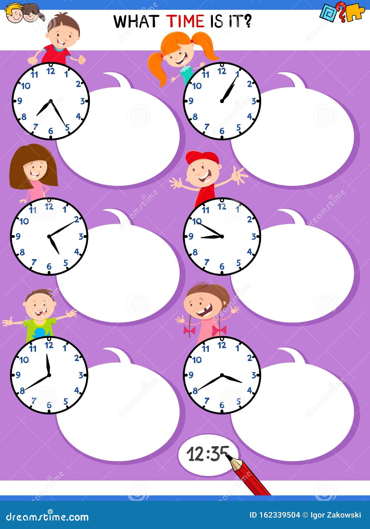 Telling Time Educational Task with Kid Characters Stock Vector ...