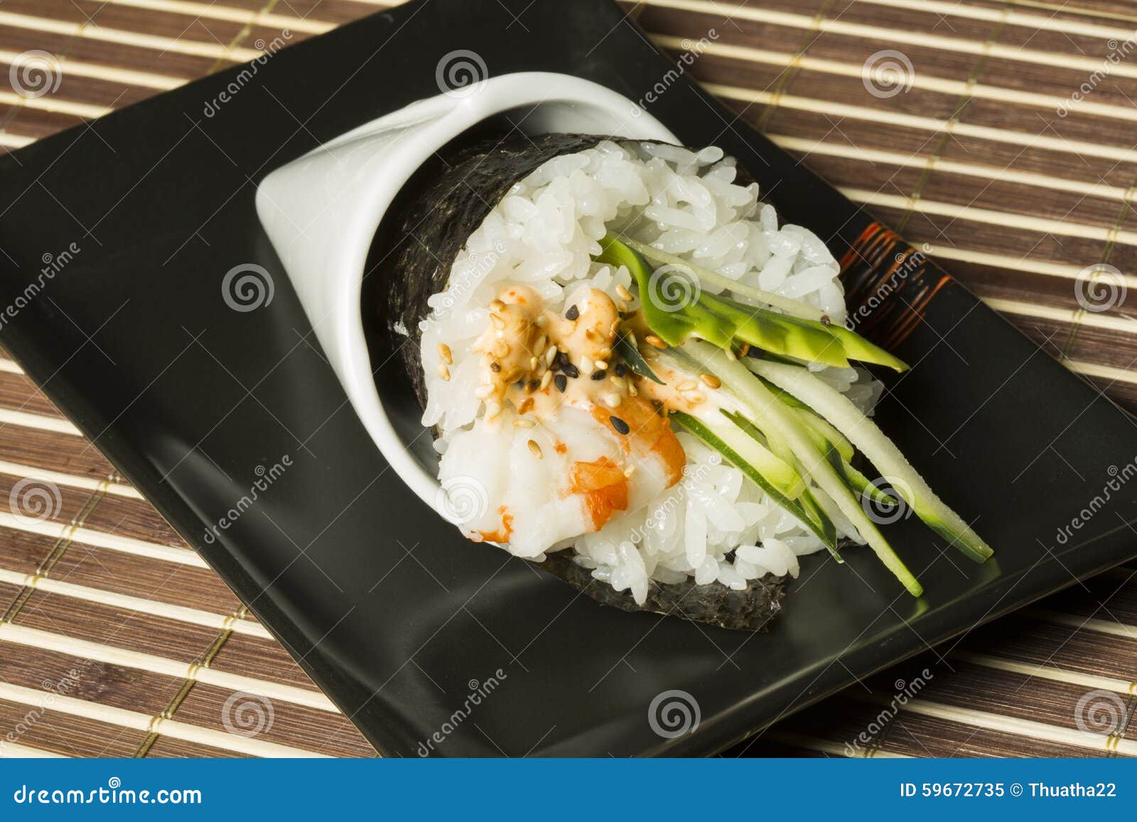 Temaki ebi sushi stock image. Image of plate, rice, cone - 59672735