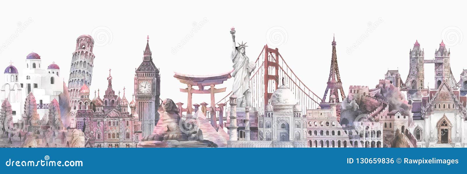 Collection of Architectural Landmarks Painted by Watercolor Stock ...