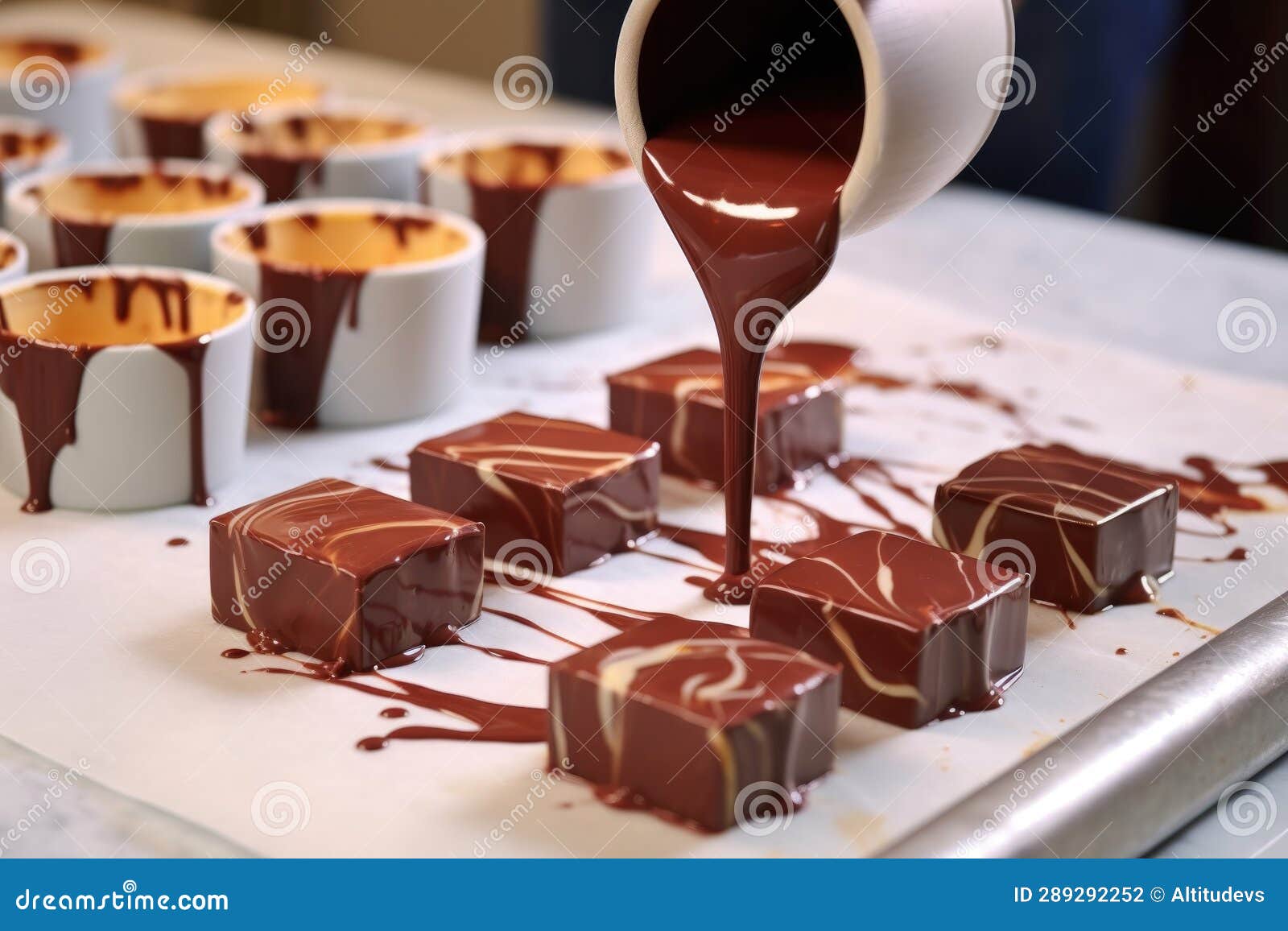 Tempered Chocolate Being Poured into Molds on a Marble Countertop Stock ...