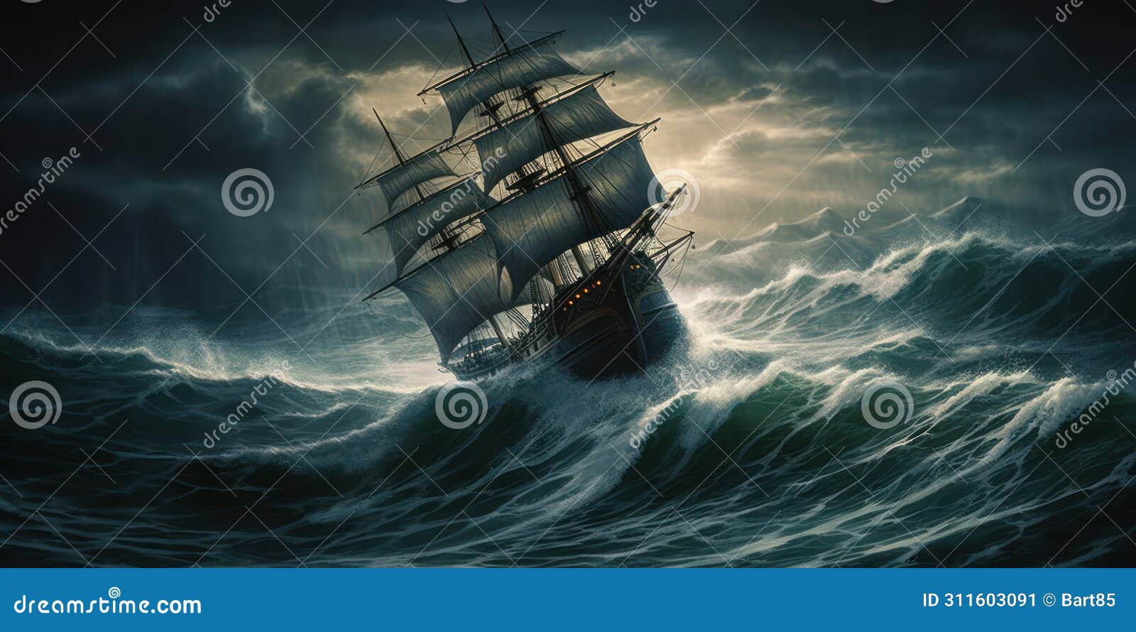A Ship Struggles To Navigate Through Turbulent Waters During A Fierce ...