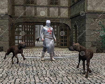 Templar Knight and Guard Dogs at a Castle Gate Stock Illustration ...