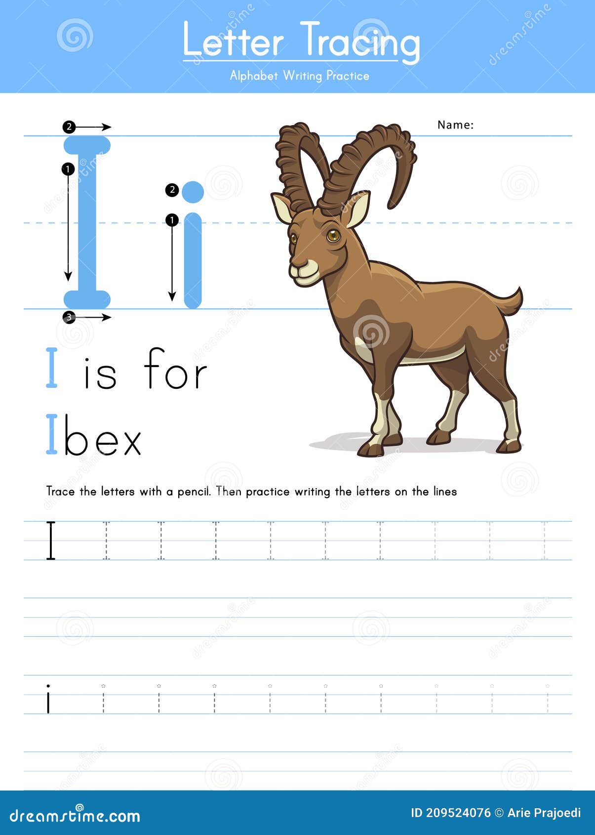 Letter tracing I for kids stock illustration. Illustration of animal ...