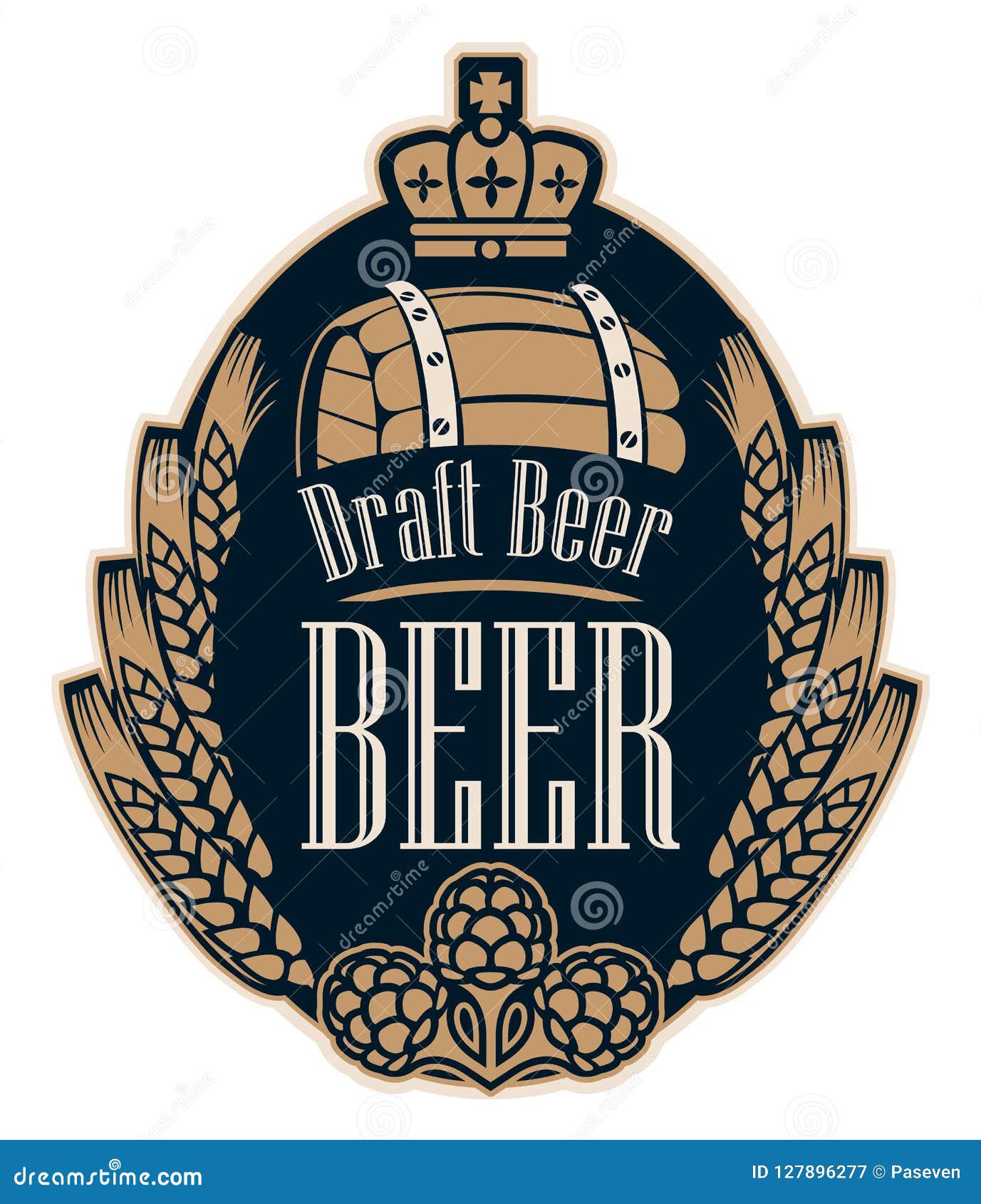 Beer Label with Wheat Ears, Hops, Barrel and Crown Stock Vector ...