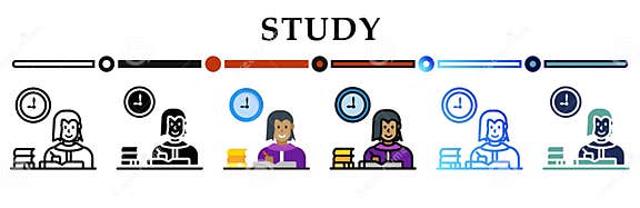 Study Icon. Various Style Icons on Web Banner with Flat, Solid Black, Lineal and Lineal Color ...