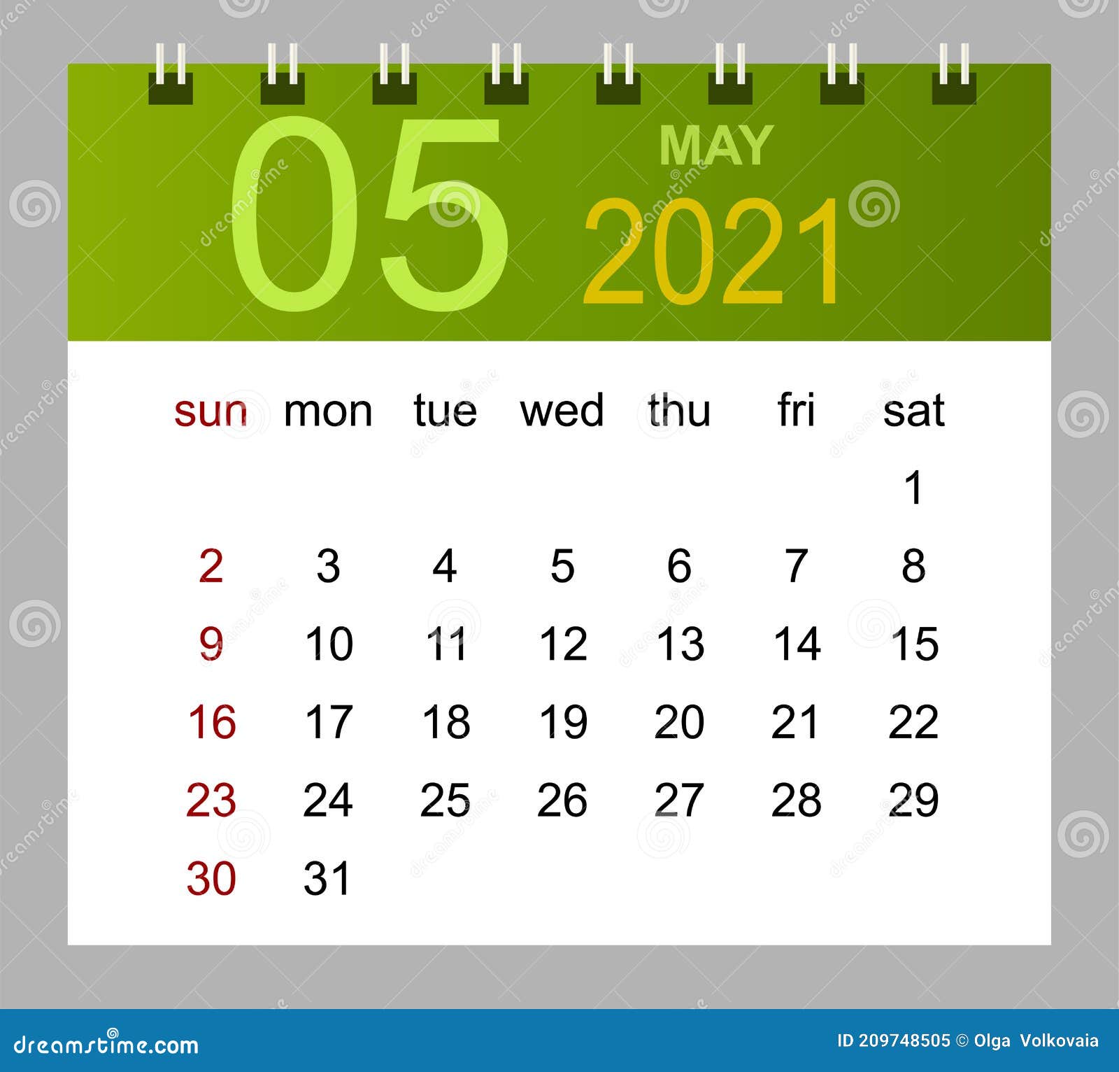 Template of Calendar for May 2021. Week Starts Sunday Stock Vector ...