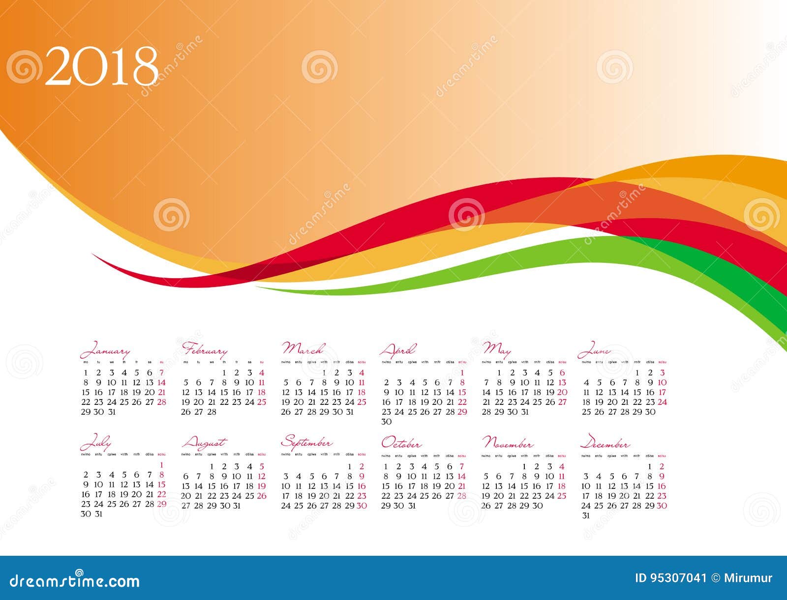 Template of 2018 Calendar on Orange Background Stock Vector ...