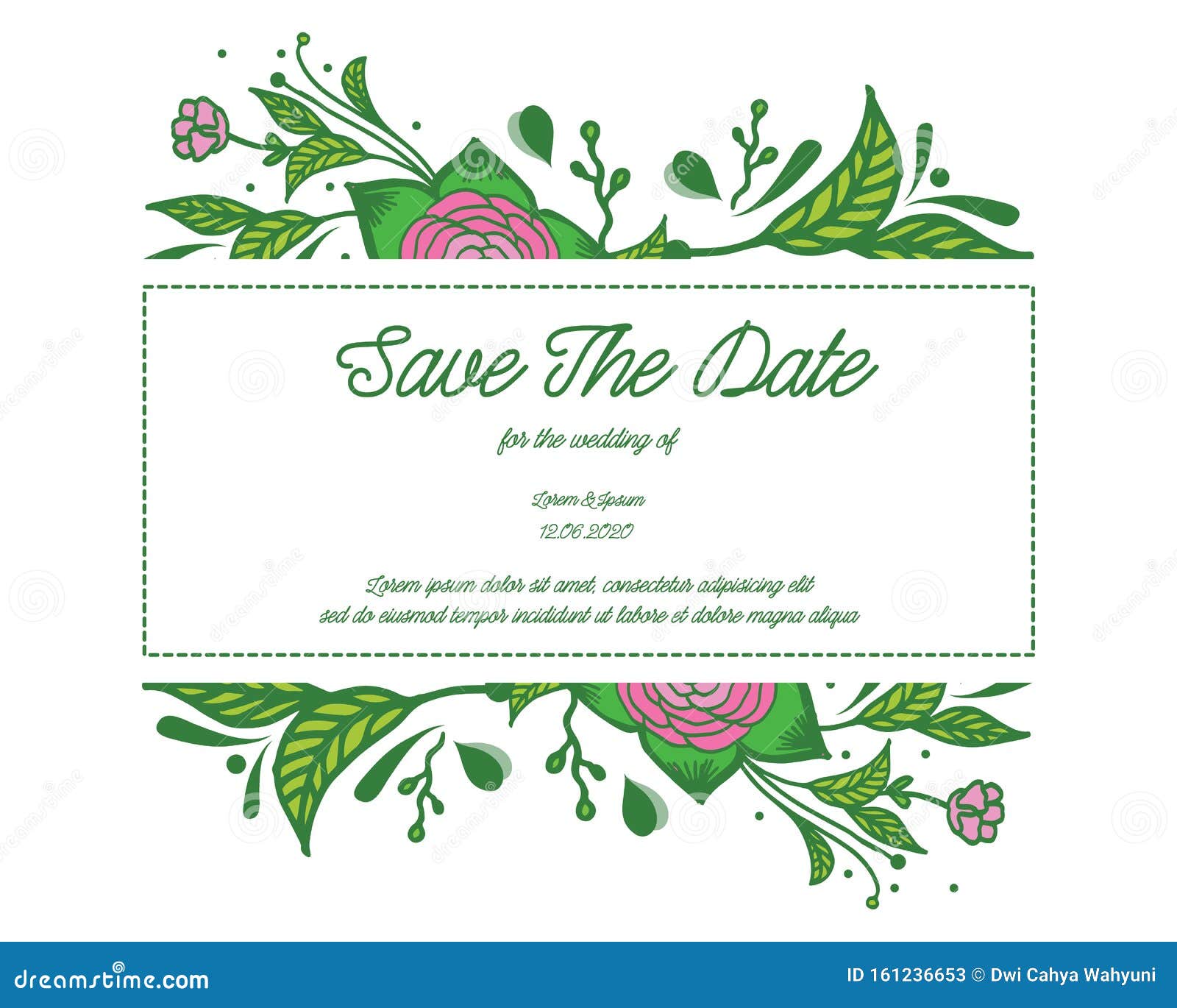 Template of Card Save the Date, with Green Leafy Flower Frame Border ...