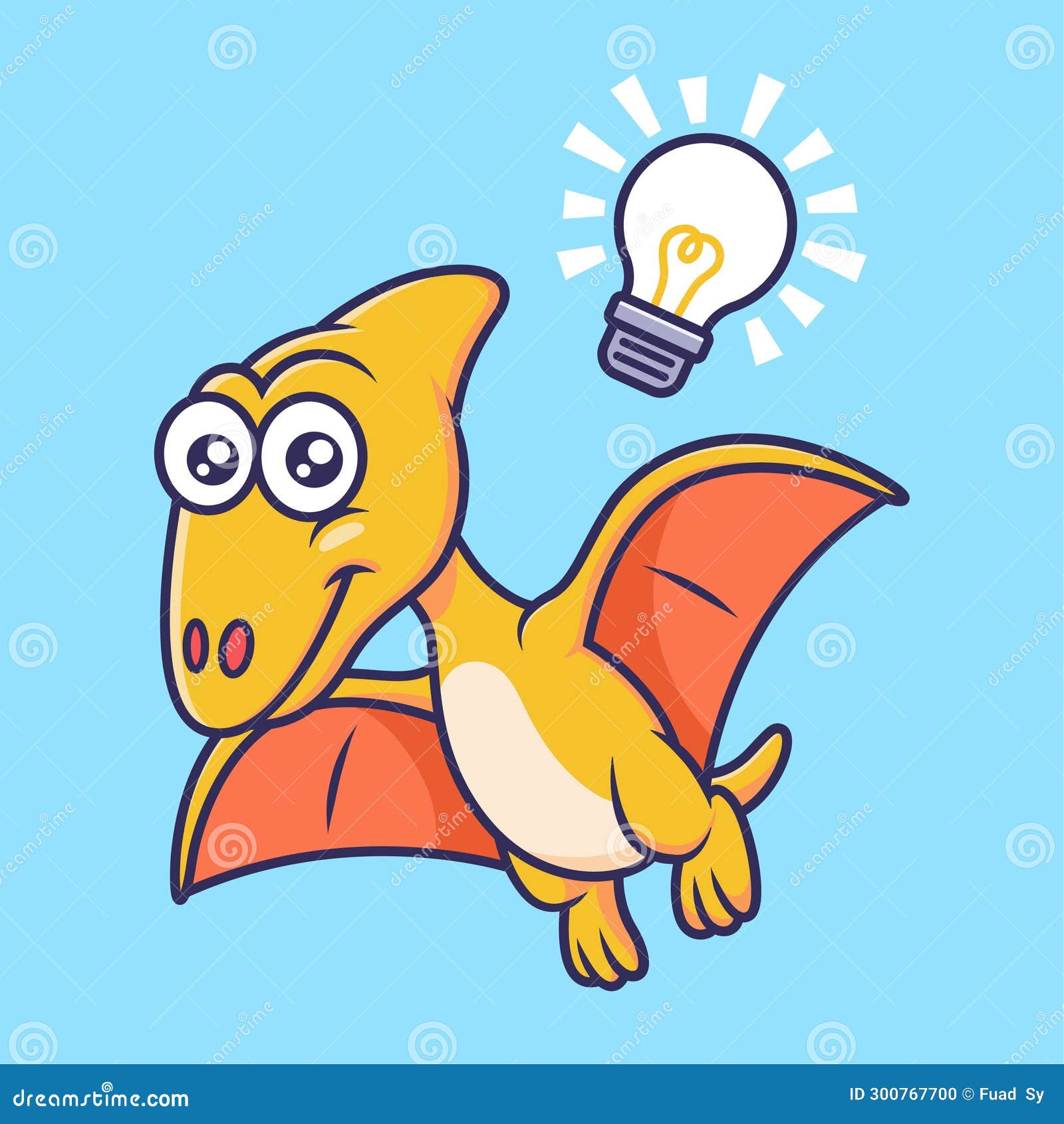 Cute Pterodactyl With A Lightbulb Over His Head Cartoon Character ...
