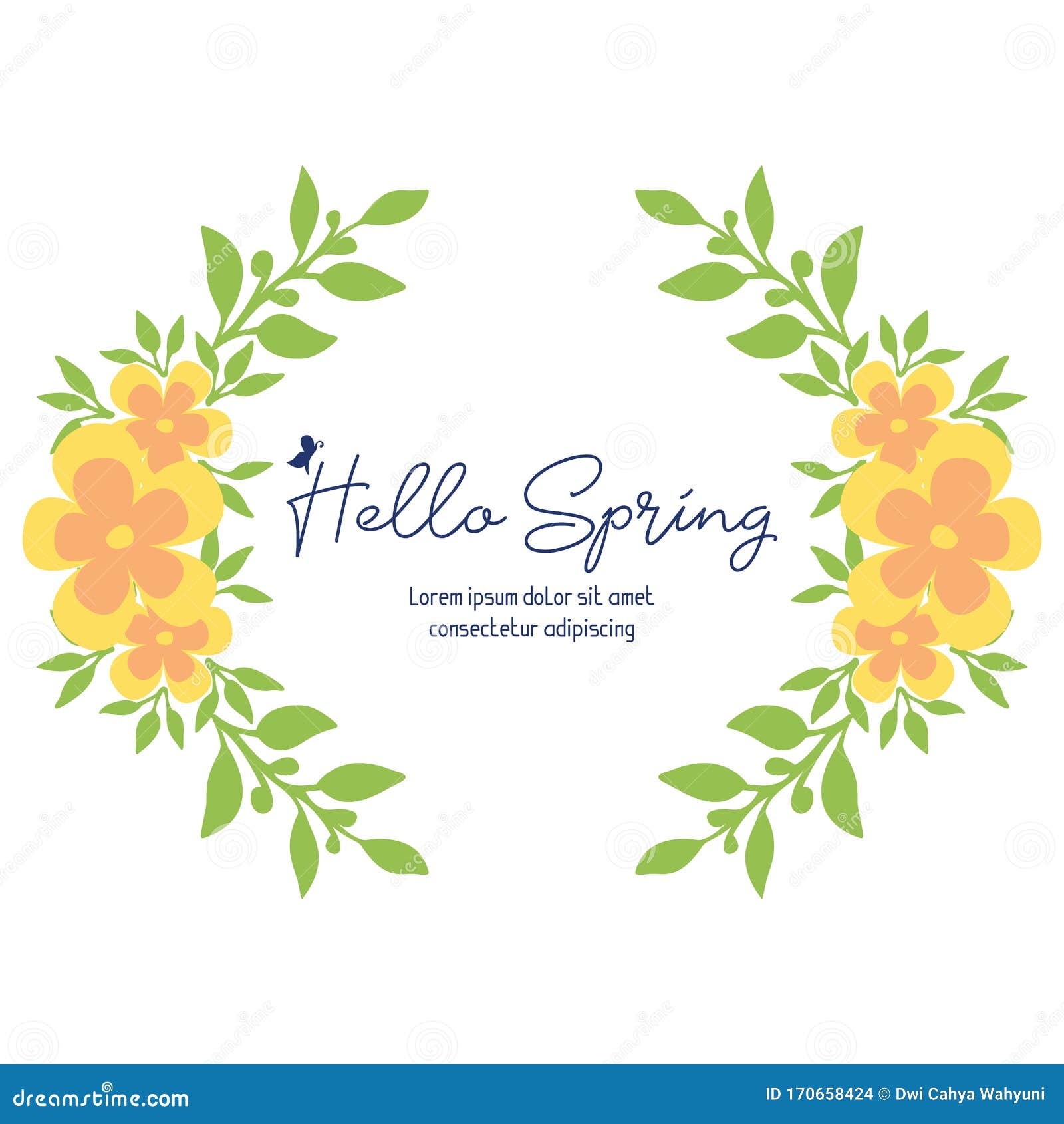 Template Design for Greeting Card Hello Spring, with Elegant Style Leaf ...