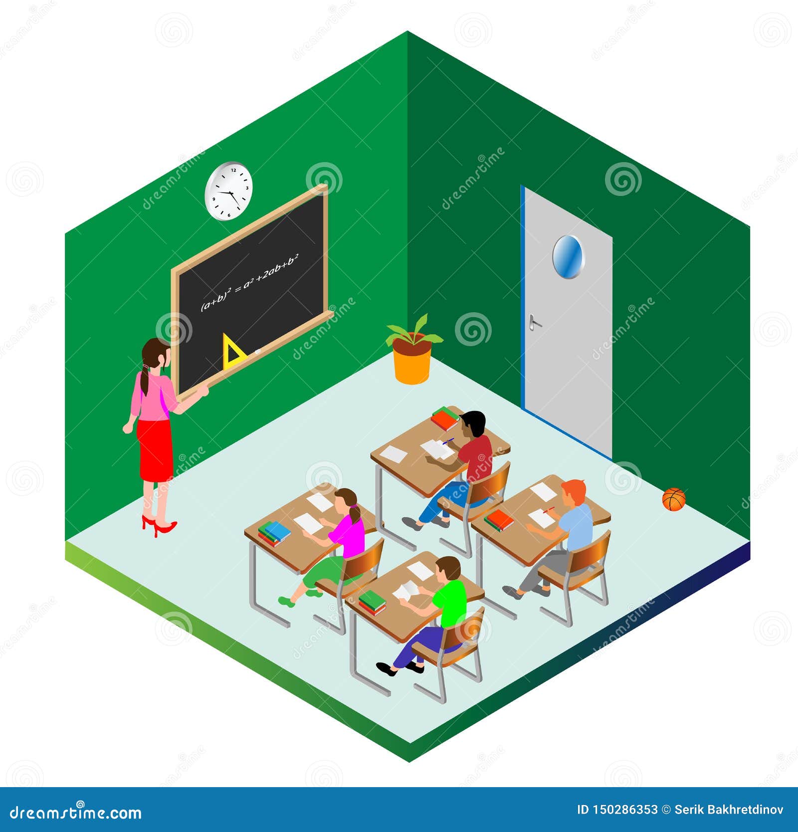 Template for Design. Schoolchildren and a Teacher are Busy Learning ...