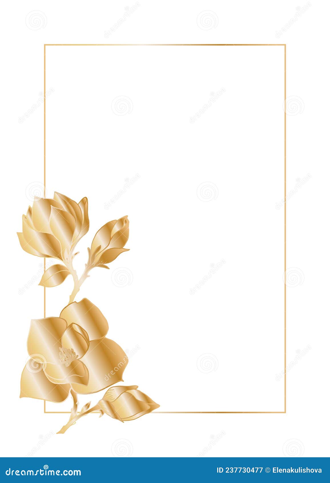 Rectangular Frame with Golden Branch of Blooming Magnolia. Stock Vector ...