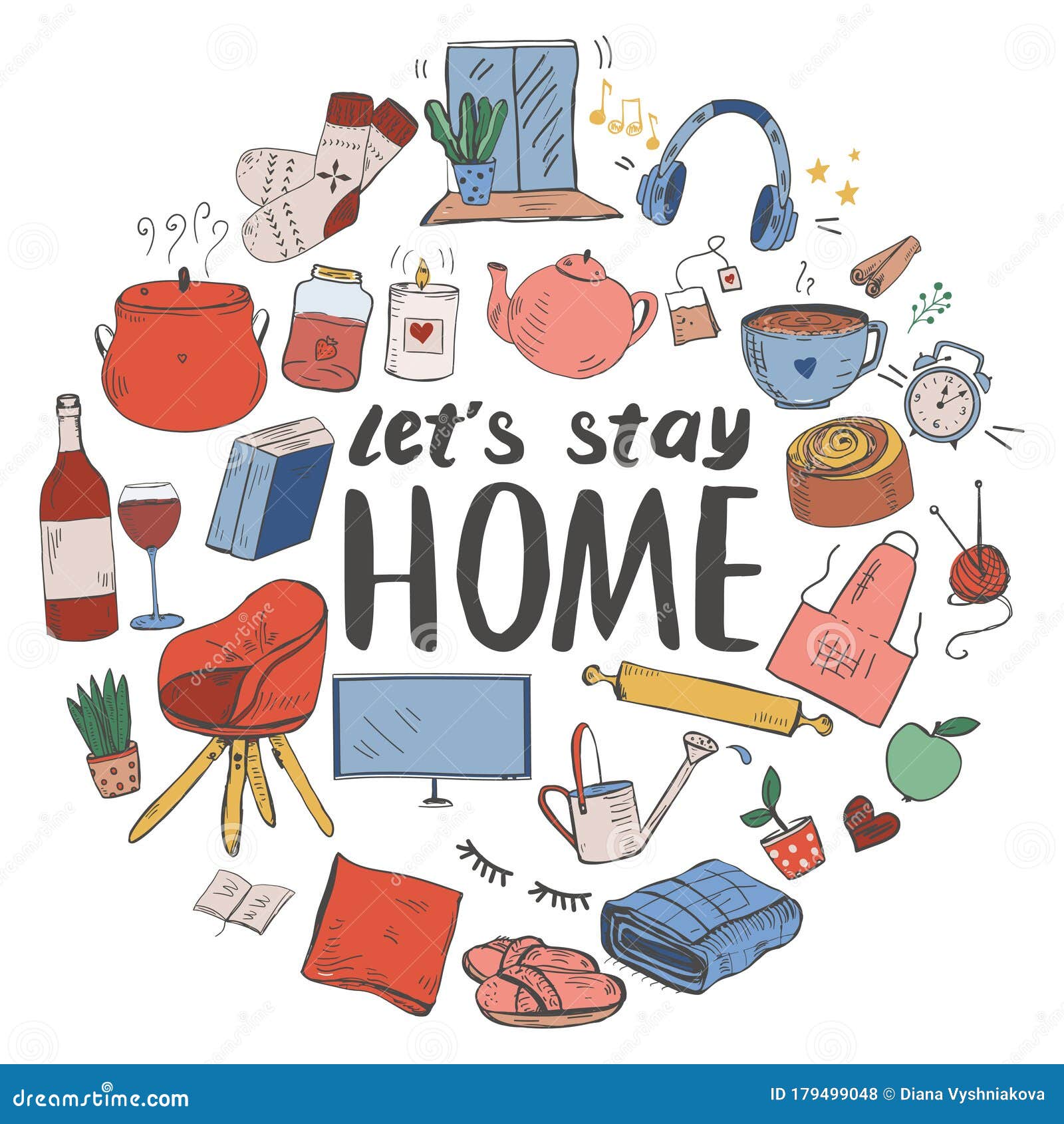 Template with Hand Drawn Doodle Style Home Related Objects. Cozy and ...