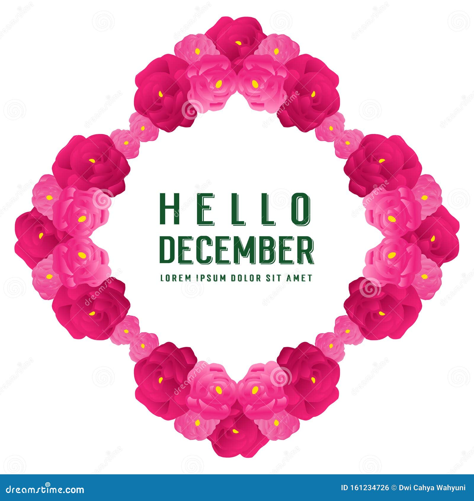 Template Hello December, with Ornament of Pink Rose Flower Frame ...