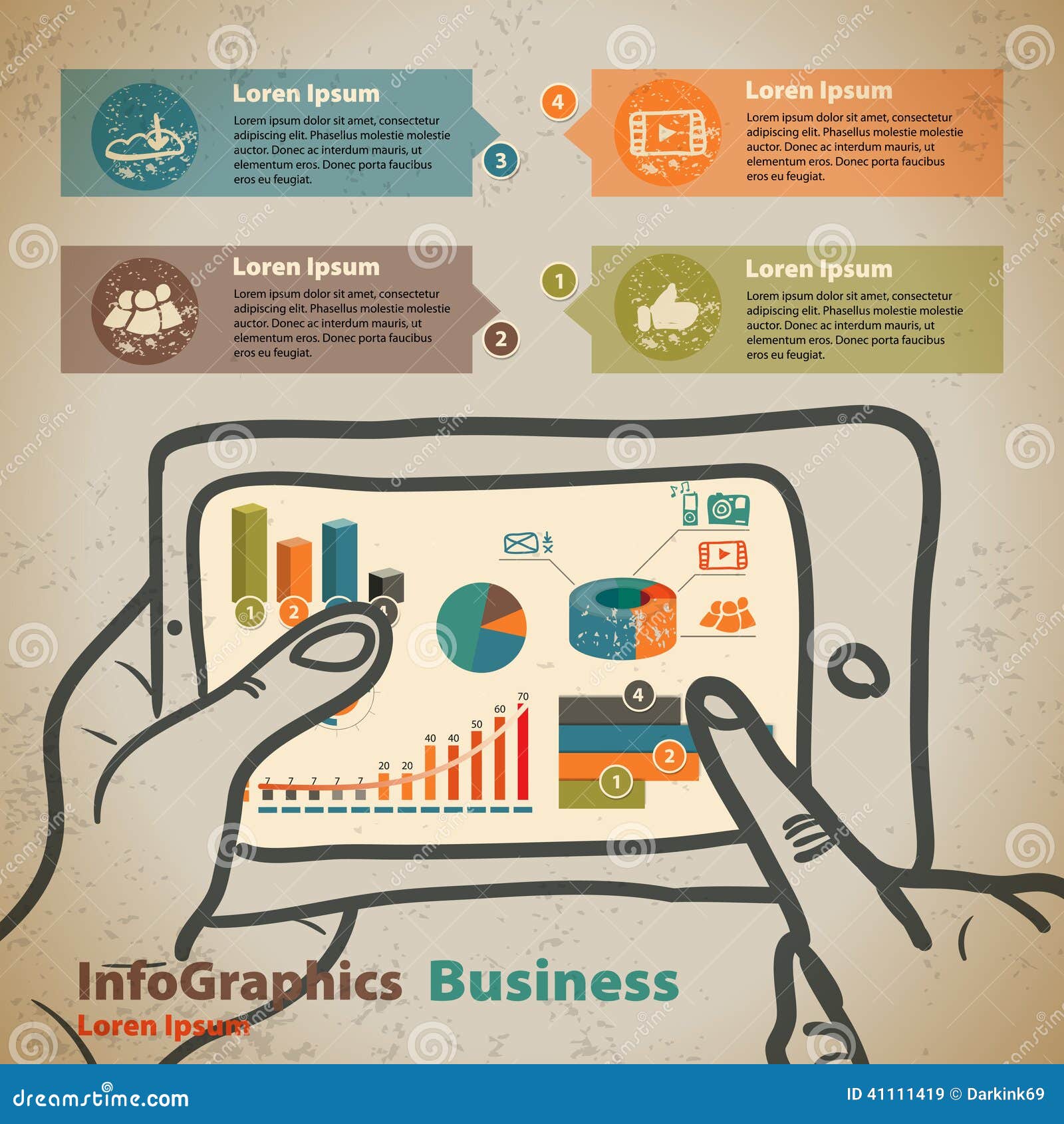 Template for Infographic with Hands with Tablet in Vintage Style Stock ...
