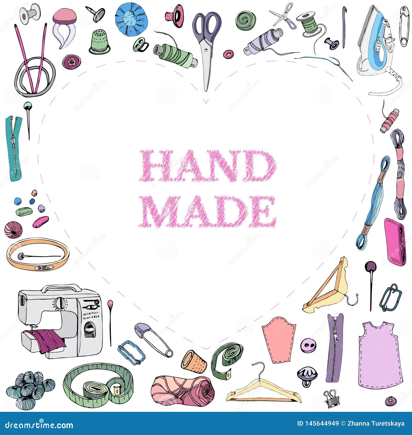 Template of Inverted Heart Shape with Items for Sewing. Hand Drawn Ink ...