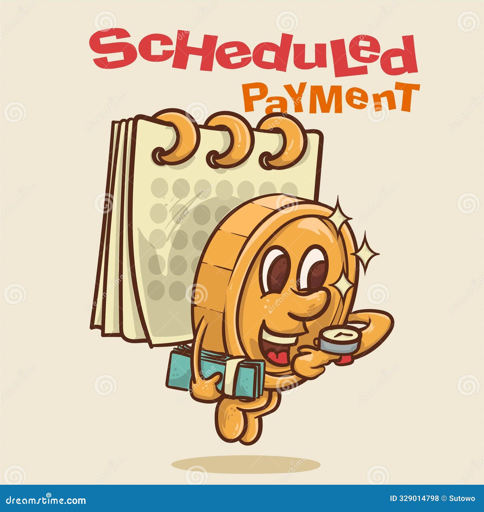 Scheduled Payment Concept. Shine Coin Mascot with Fave Looking Watch ...