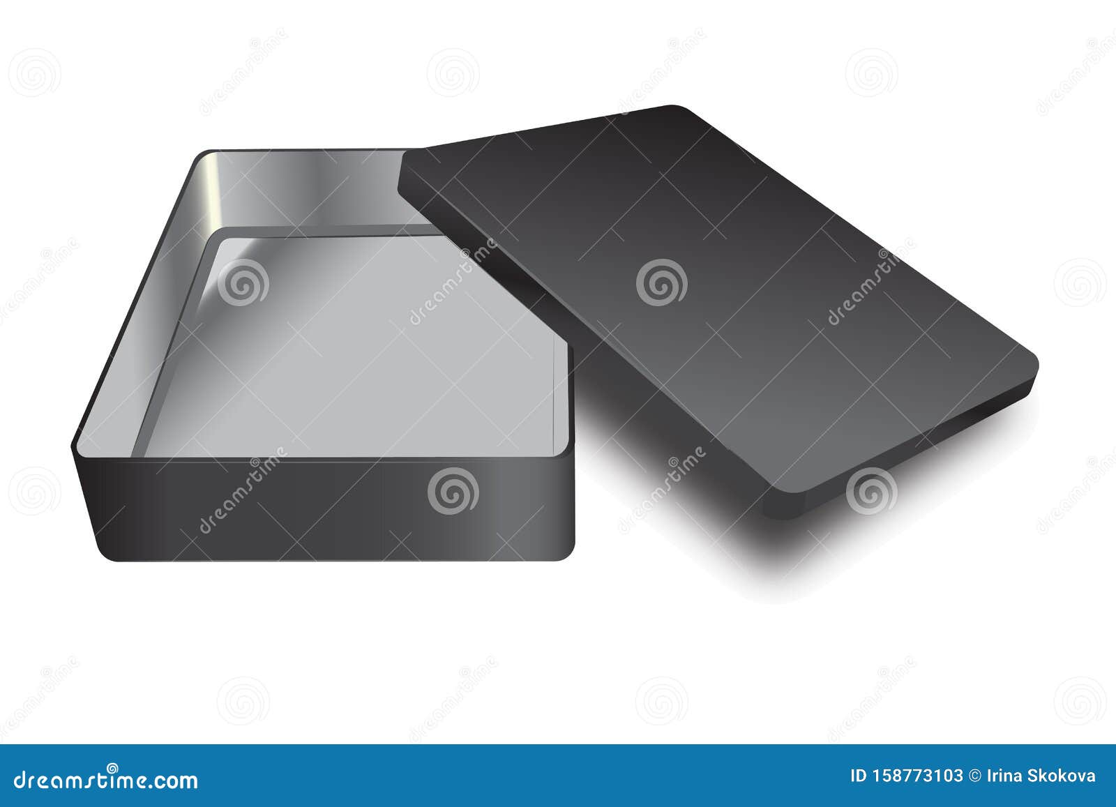 Template of Metal Box with Cover Up. Vector Silver Inside and Black ...