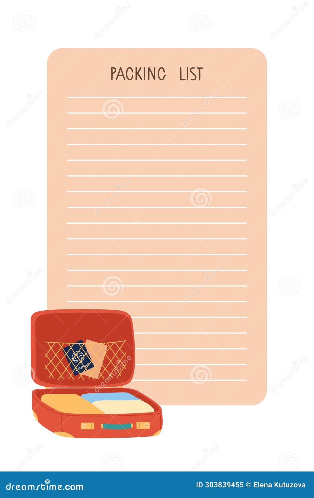 Template for Packing List. Packing List and Open Suitcase with Folded ...