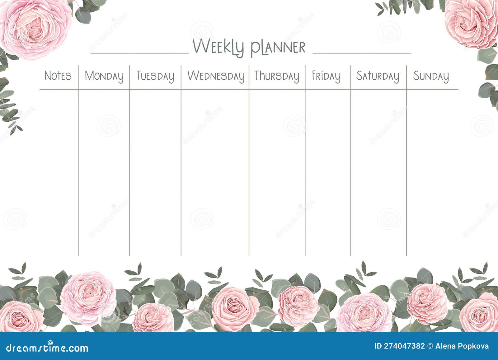 Template for Planning the Week. Pink Rose, Peony, Ranunculus, Green ...