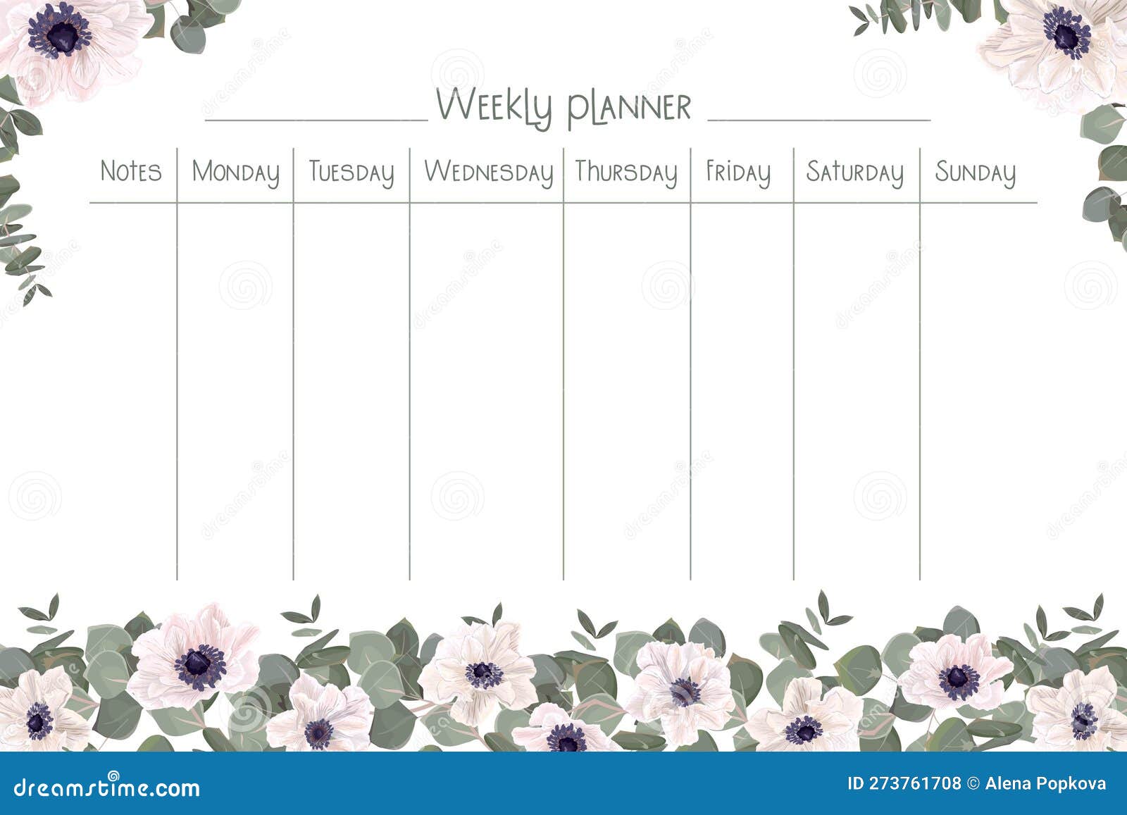 Template for Planning the Week. White Anemones, Green Eucalyptus Stock ...