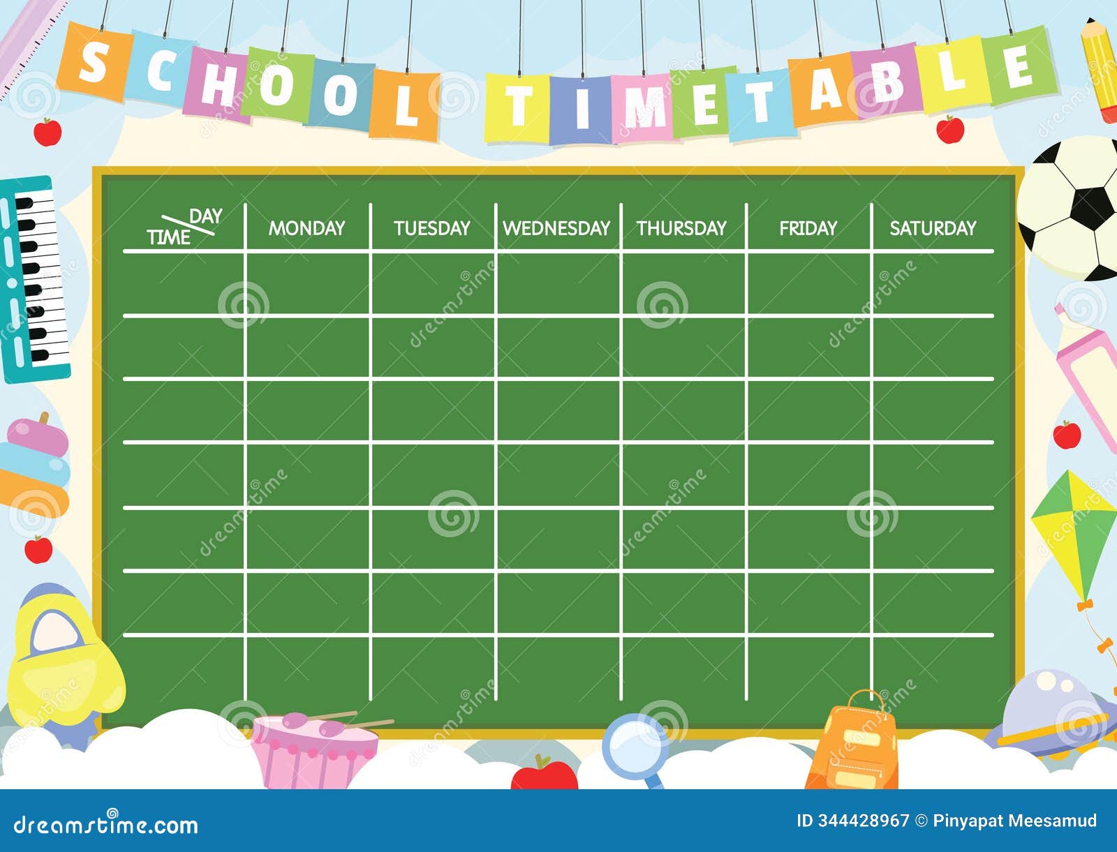 Flat Template School Timetable with Education Elements on Blue ...