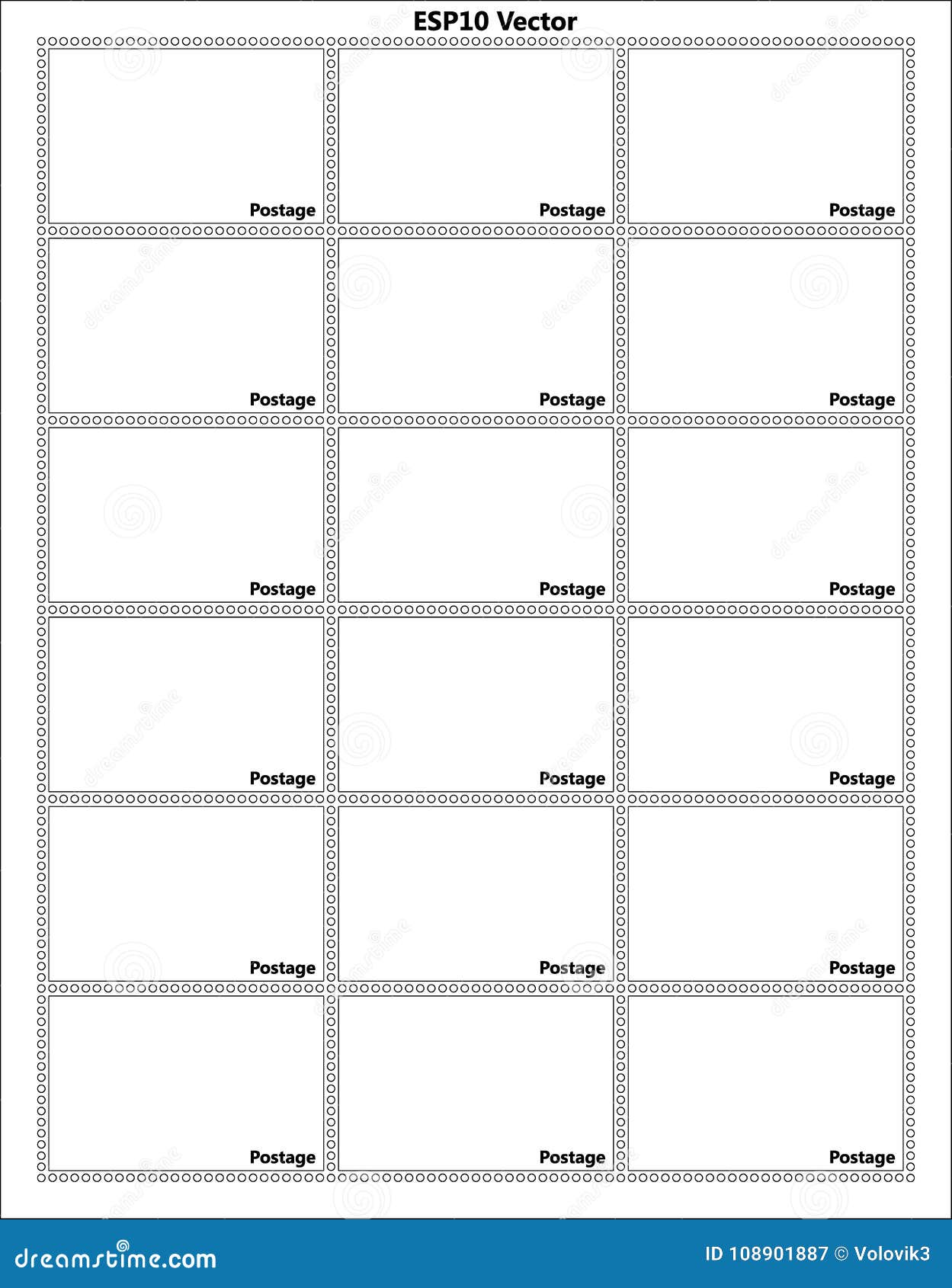 Template of a Sheet of Postal Stamps with a Frame Simple Perforation ...
