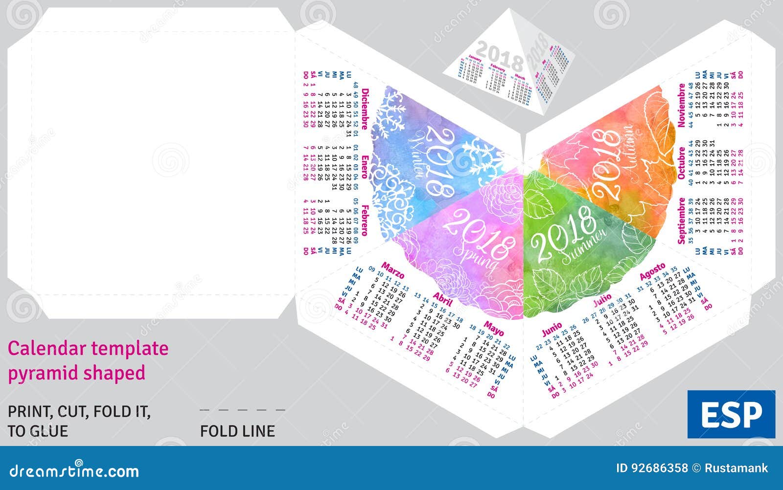 Template Spanish Calendar 2018 by Seasons Pyramid Shaped Stock Vector ...