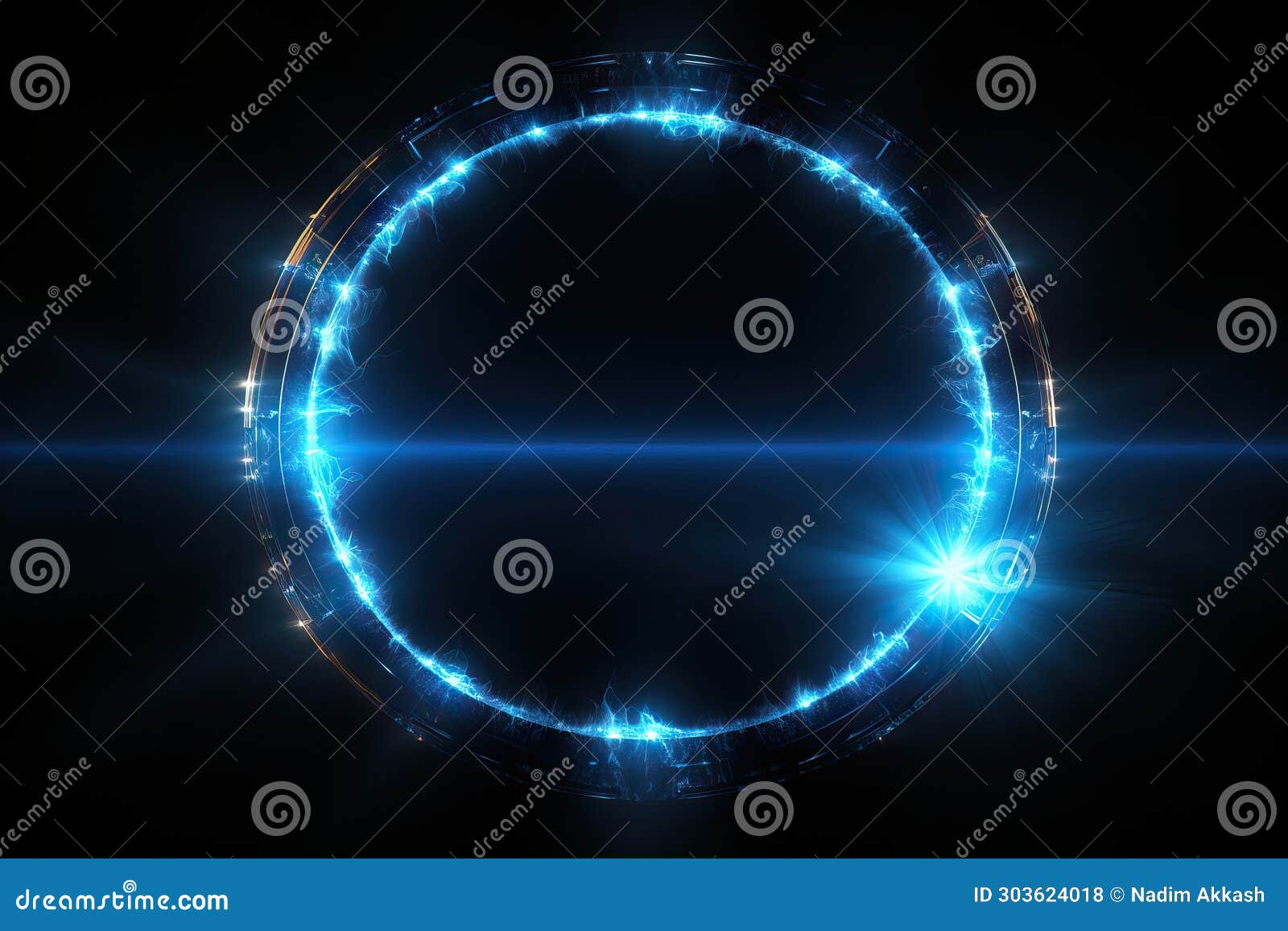 Template for Text : Blue Neon Glowing Glare Circle with Rays. Frame ...