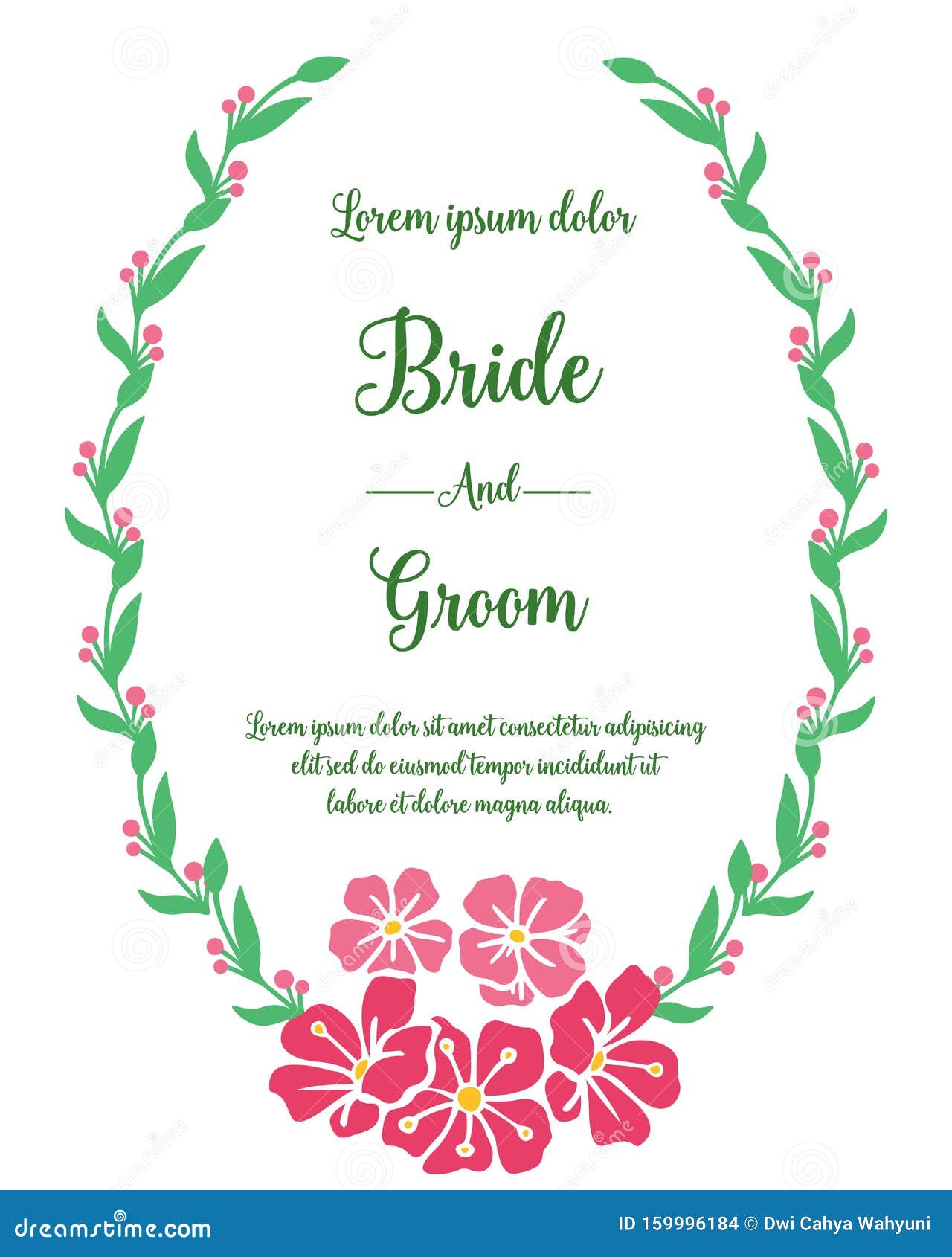 Template Text of Bride and Groom, with Pattern Art of Pink Wreath Frame ...