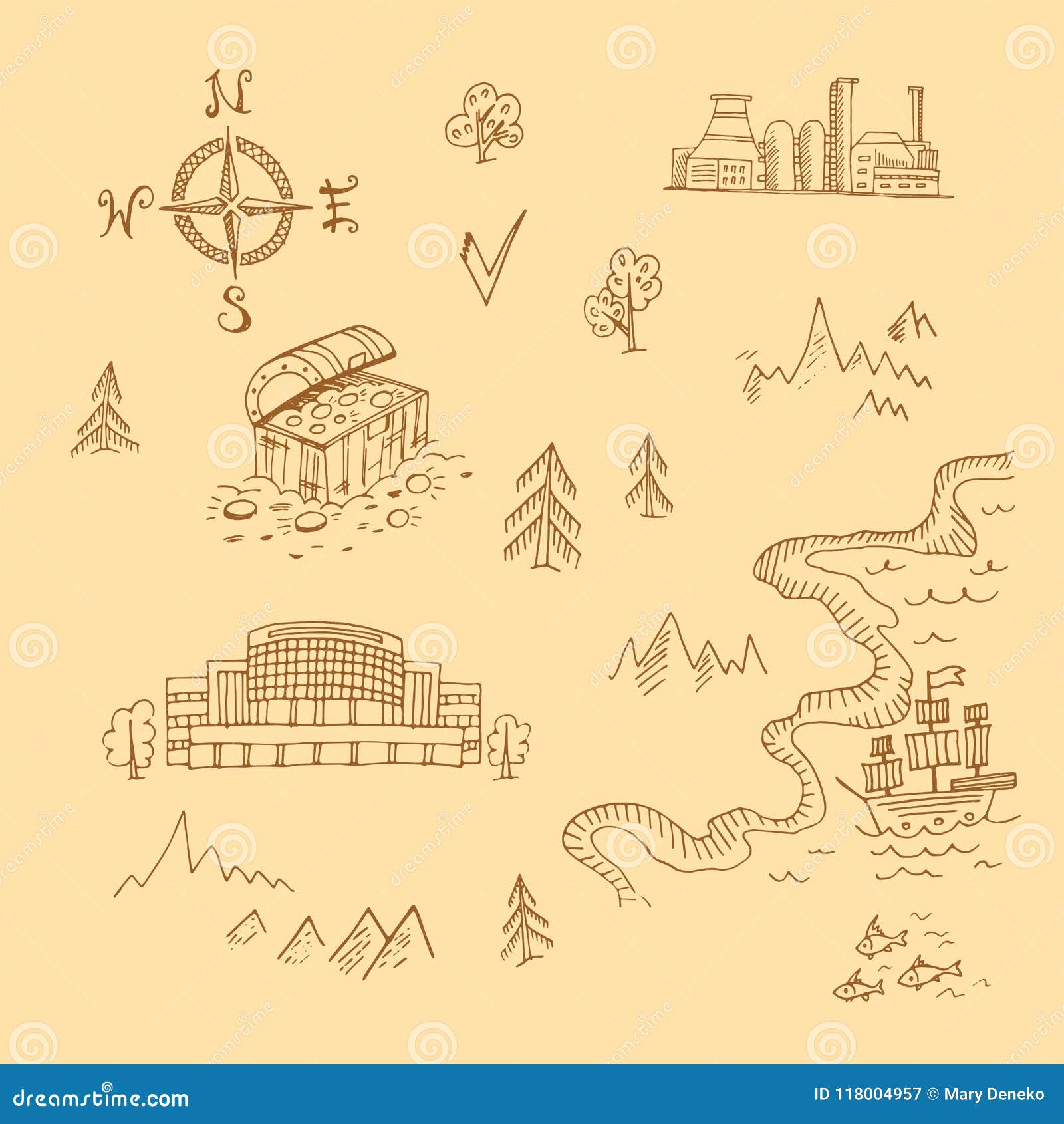 Template of Treasure Map. Set of Hand-drawn Scetched Items Stock Vector ...