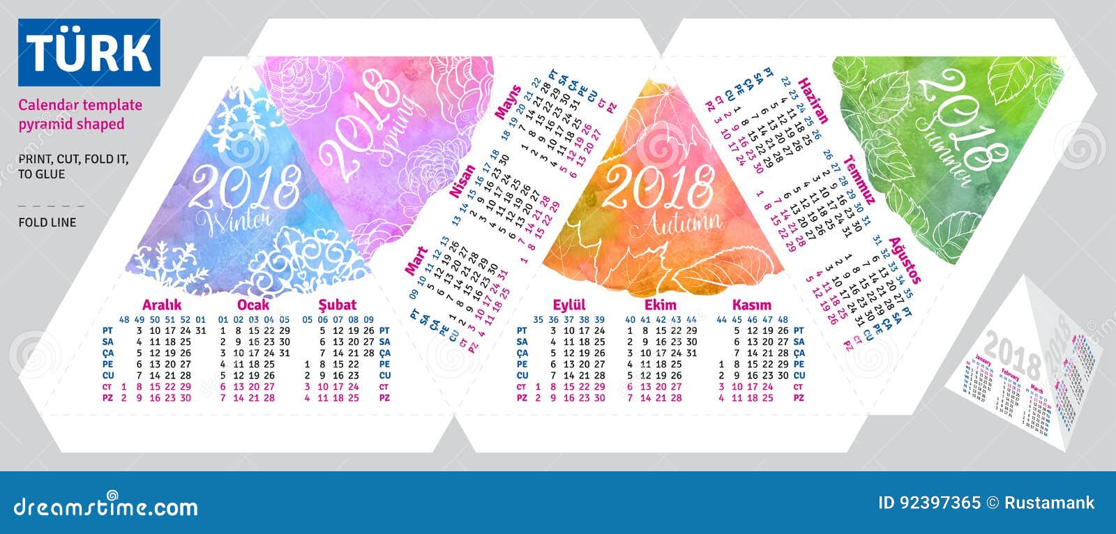 Template Turkish Calendar 2018 by Seasons Pyramid Shaped Stock Vector ...