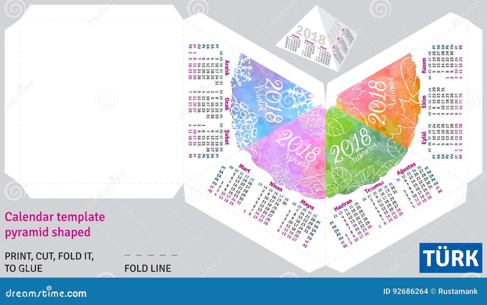 Template Turkish Calendar 2018 by Seasons Pyramid Shaped Stock Vector ...