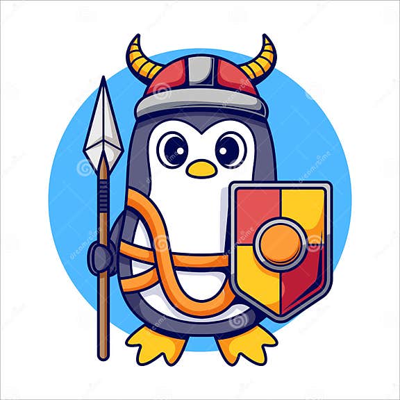 Adorable Penguin with Medieval Warrior Costume Holding Shield and Spear ...