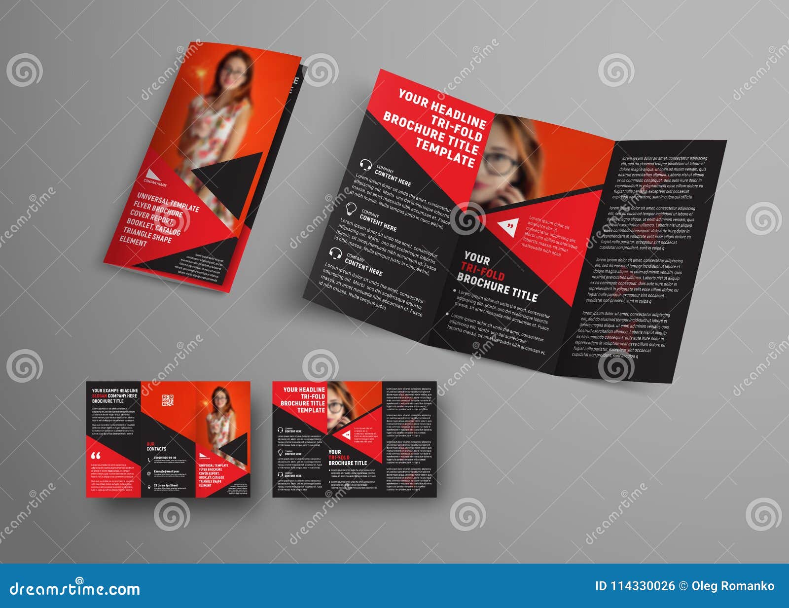 Template Vector Black Tri-fold Brochure with Triangular Elements Stock ...