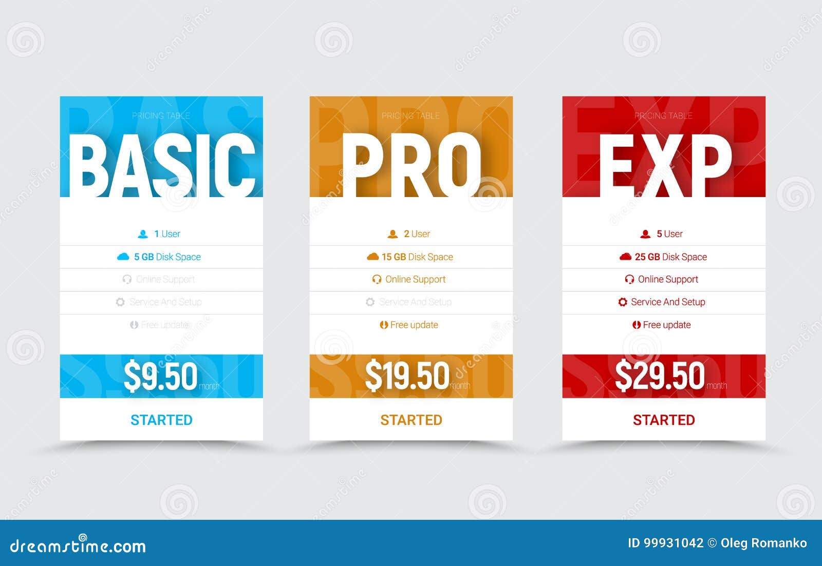 Template of Vector Price Tables for the Basic, Professional and Stock ...