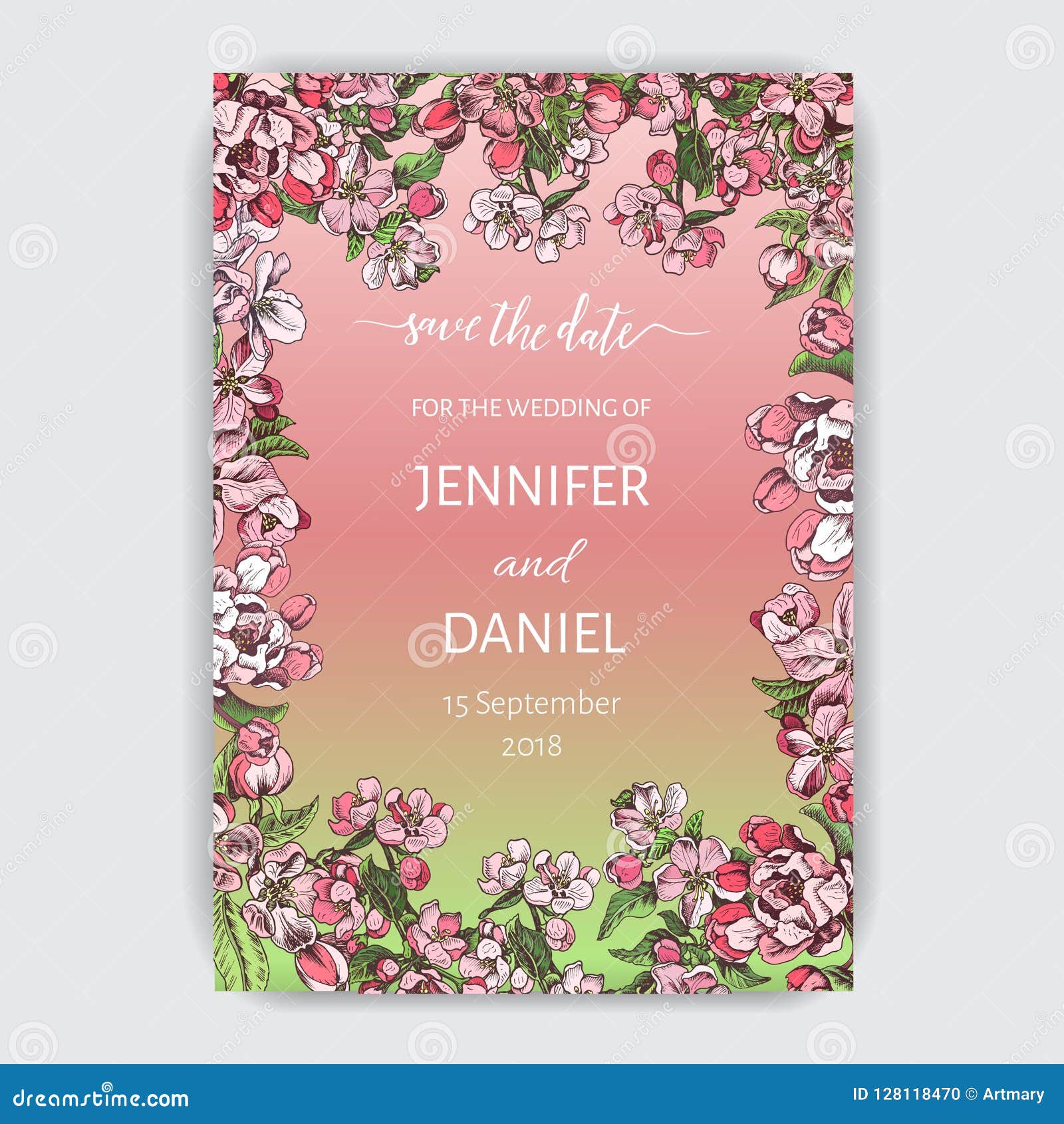 Template for Wedding Invitation. Card Vector Illustration with Apple ...