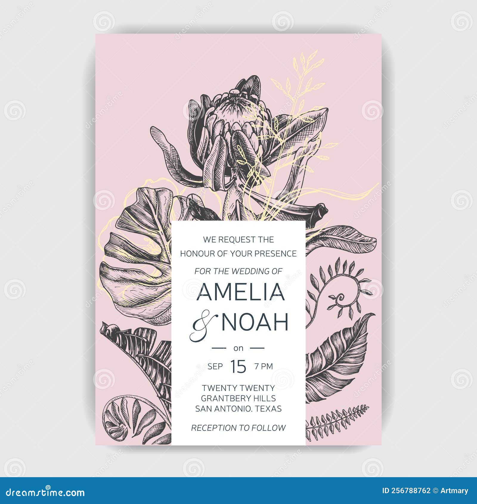 Template for Wedding Invitation. Illustration with Exotic Leaves. Stock ...