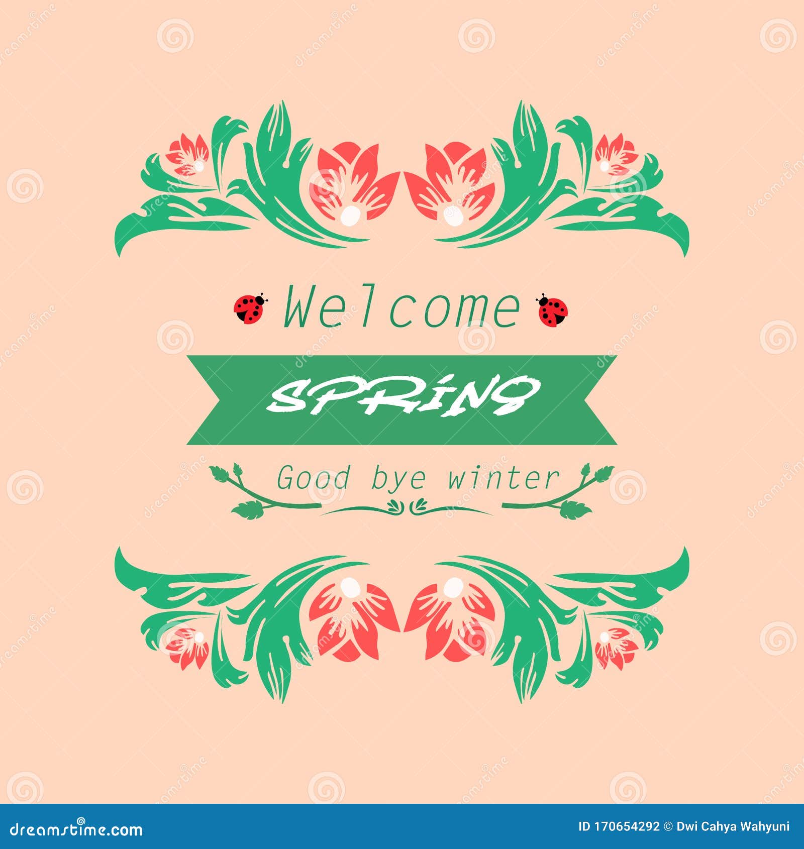 Template for Welcome Spring Greeting Card Design, with Leaf and Red ...