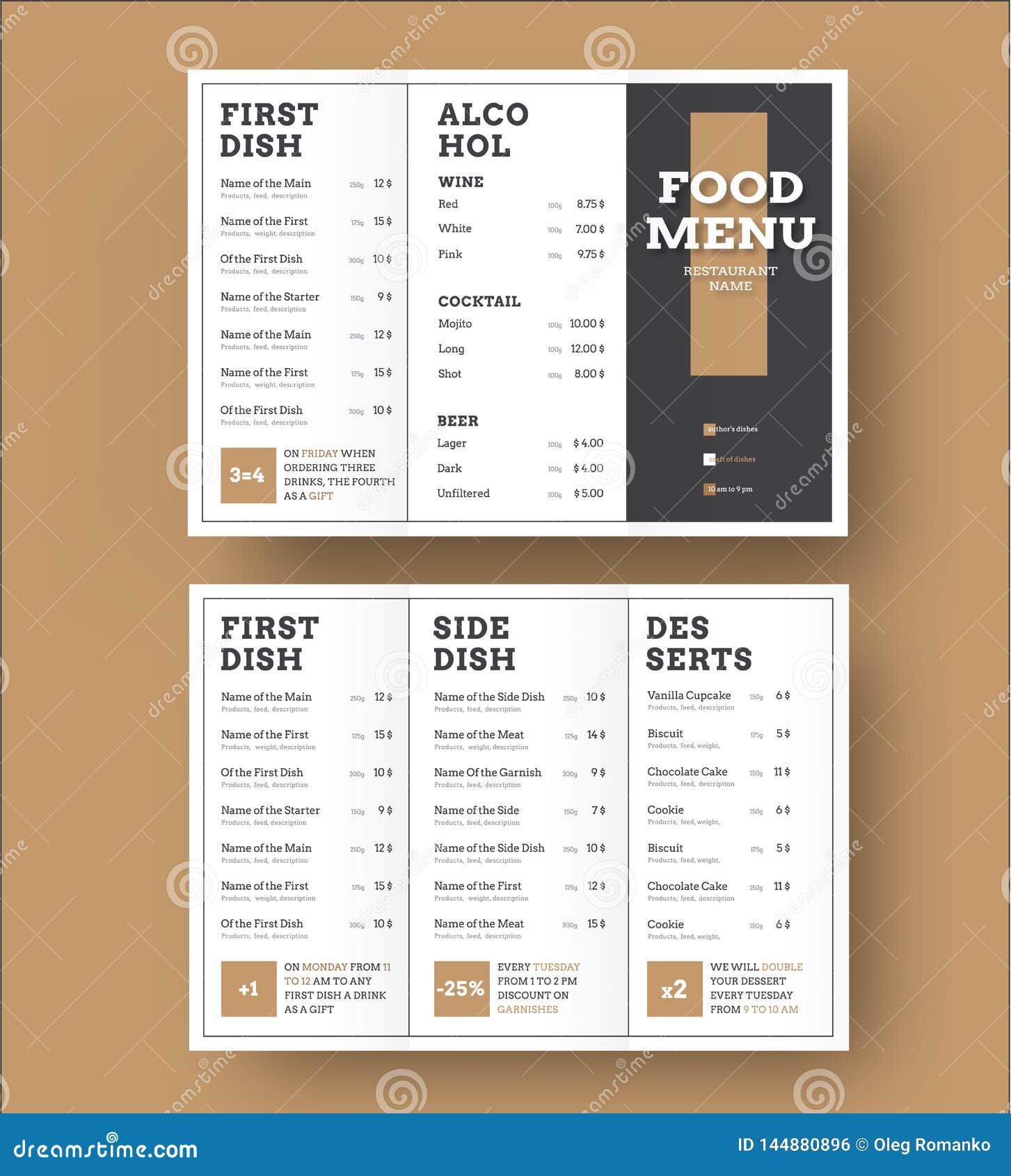 Template White Vector Trifold Menu with a Black Cover and Brown ...