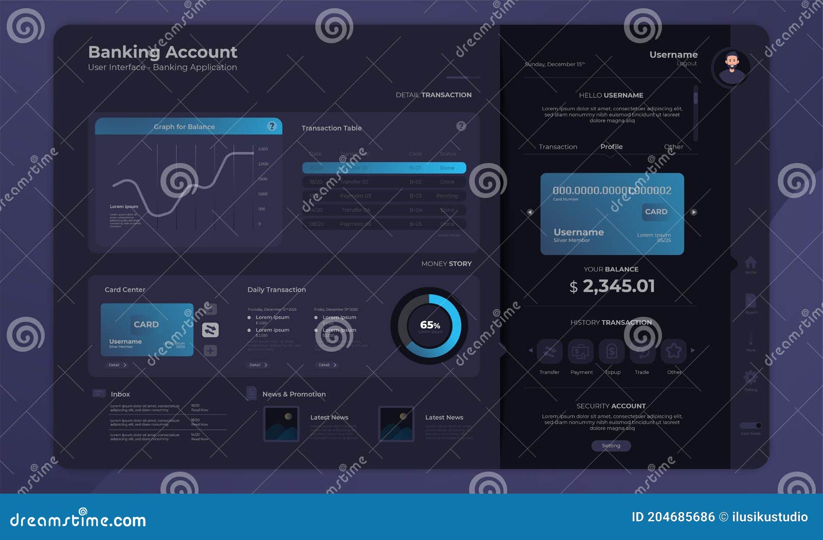 Banking Account Dashboard Admin Panel Interface with Dark Mode Concept ...