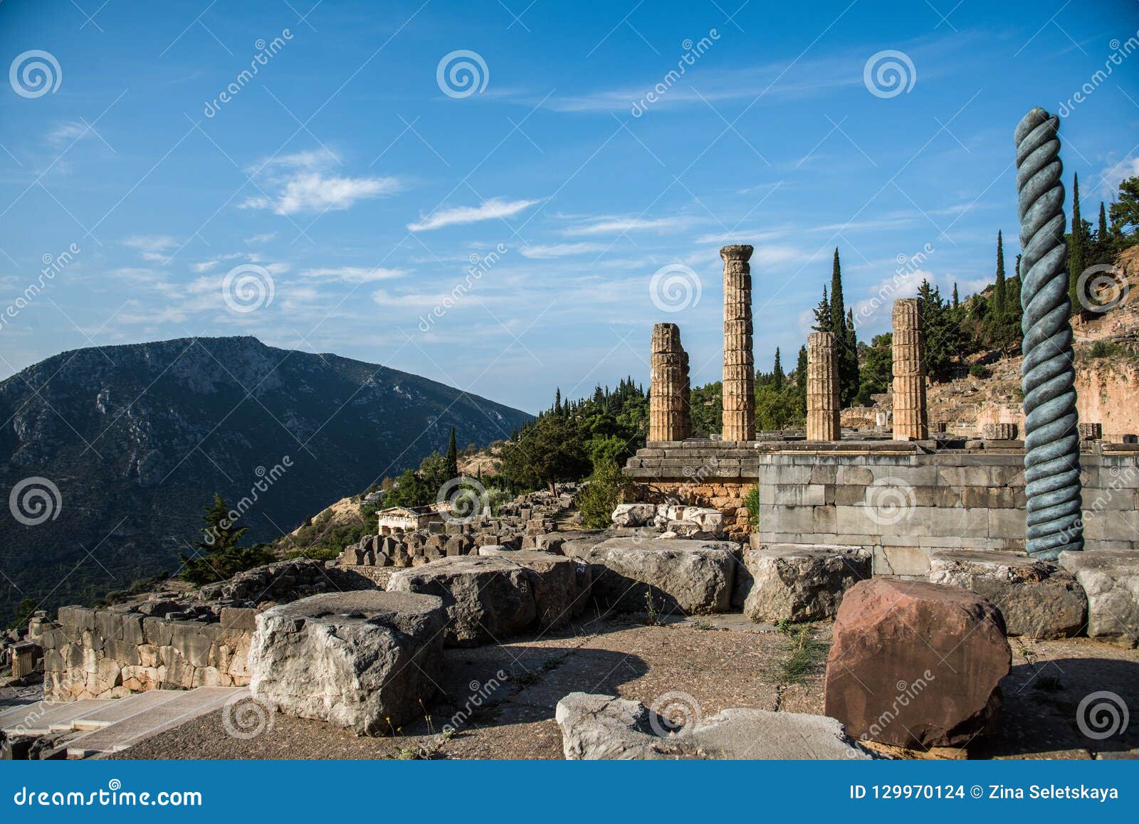 Temple of Apollo and Altar of Chiots in Delphi, Greece Stock Photo ...