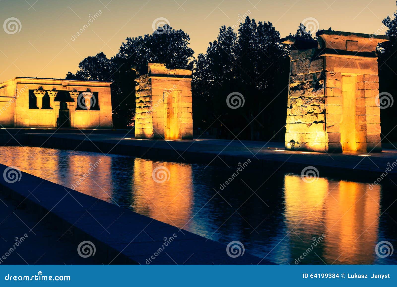 Temple of Debod at Night, Madrid (Spain) Stock Photo - Image of mirror ...