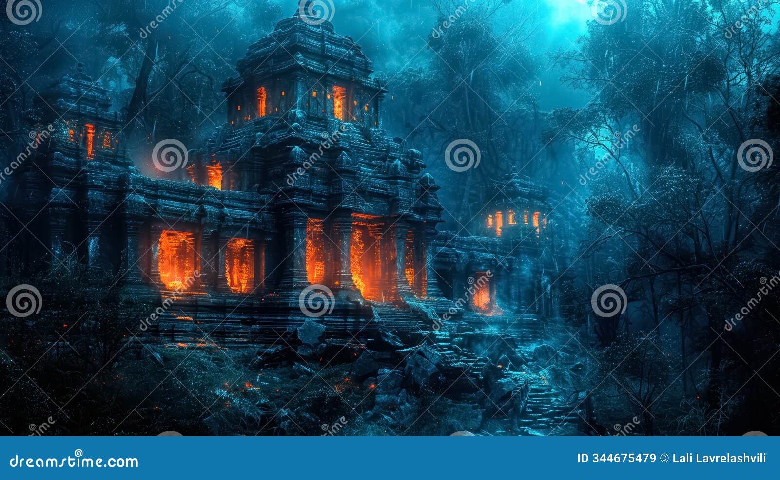 Temple in Fantasy Forest at Night, Old Ruins and Magic Light Stock ...