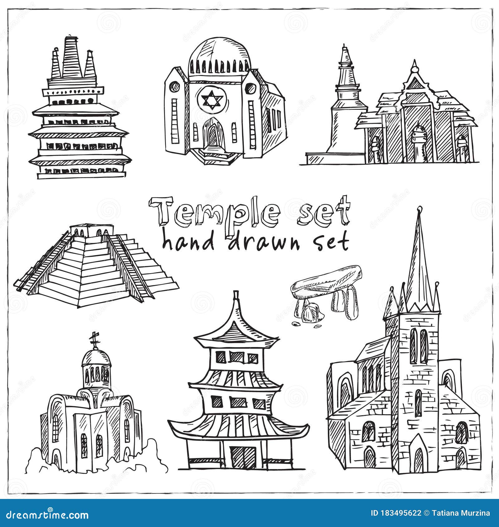 Temple Hand Drawn Doodle Set. Vector Illustration. Isolated Elements On ...